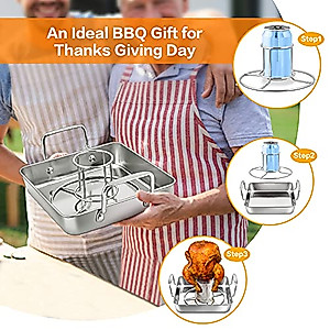 HaSteeL Beer Can Chicken Holder 3Pcs, Includes Stainless Steel Vertical Chicken Roaster Stand Rack, Heavy Duty Roasting Drip Pan & Silicone Oil Brush, Great for Smoker Grill Oven BBQ, Dishwasher Safe