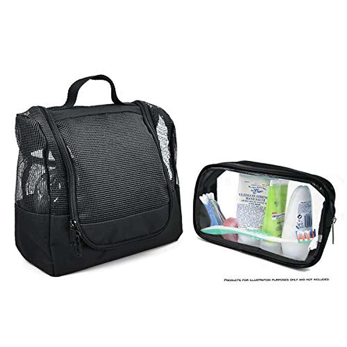 The Fine Living Co. Portable Hanging Shower Caddy Organizer Bag (Free Toiletries Case+Metal Hook) Quick Dry Mesh Shower Caddy Tote Bag Pouch For Bathroom College Dorm Camp Gym Camping 10”x4”x9”(Black)