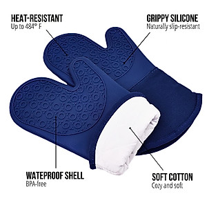 ALLIE ZENG Extra Long Professional Silicone Oven Mitt, Durable Flexible Heat Resistant Oven Gloves with Quilted Line for BBQ, Baking, Cooking and Grilling - 1 Pair 13.7 Inch Navy Blue
