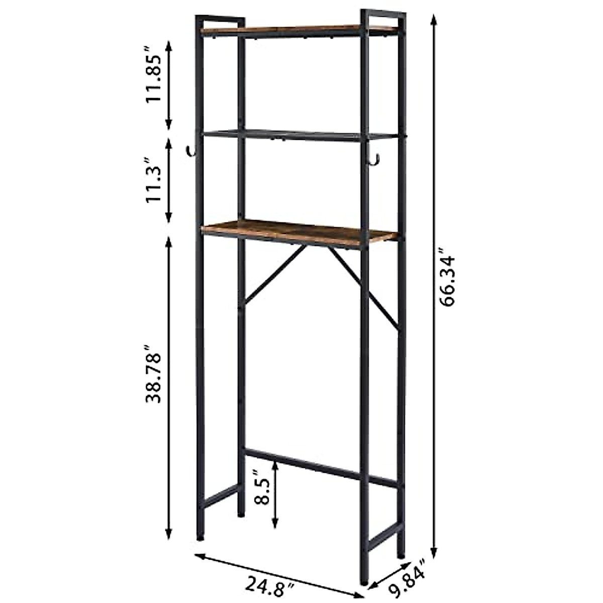 Hoctieon 3-Tier Over The Toilet Storage,Multifunctional Bathroom Organizer,Wood Bathroom Shelf, Metal Freestanding Toilet Rack with Hooks,Washroom Shelves, Space Saver, Rustic Brown