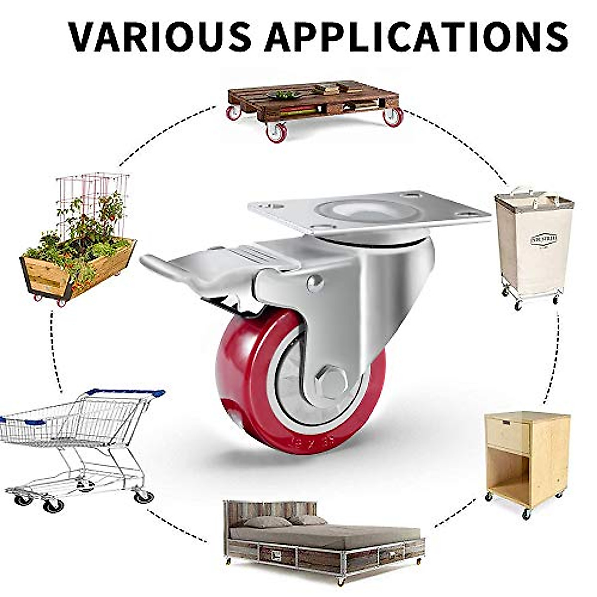 D&L 3 Inch Plate Swivel Casters Wheels 1400lbs Heavy Duty Casters with Brake Polyurethane Dual Locking Casters Set of 4 Red DL-I3-001R
