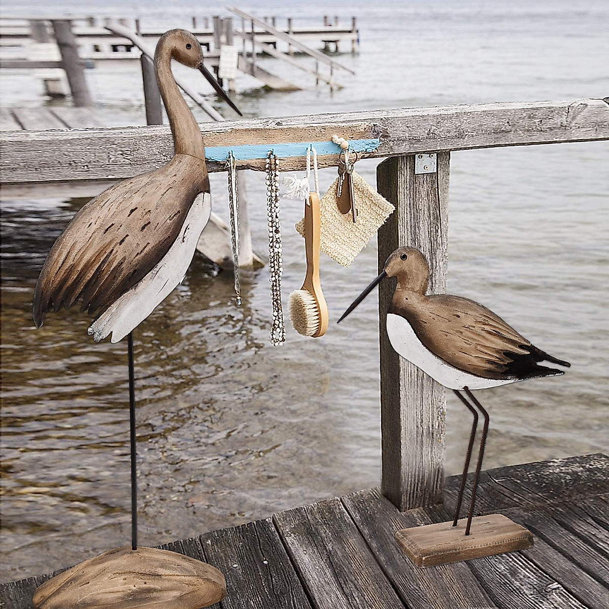 K KILIPES Rustic Heron Statue Bird Sculpture Wood Crane Figurines Home Decor Decorative Animal Crane Statue Garden Decor