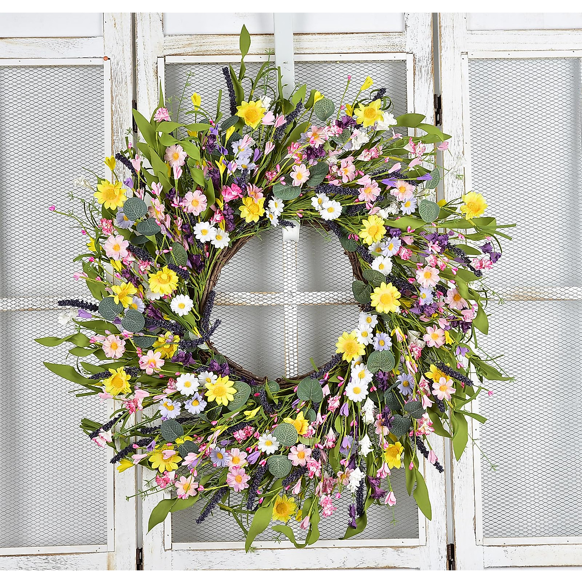 24Inch Artificial Daisy Flower Wreath -Spring Floral Wreath Fake Flower Wreath Spring/Summer Wreath for Front Door Home Decor