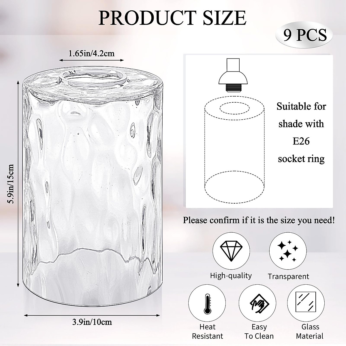 Retisee 9 Pcs Clear Seeded Glass Shade Cylinder Bubble Glass Lamp Shade for Light Fixture Replacement Globe 5.9 Inch High 3.9 Inch Diameter 1.65 Inch Fitter Cover for Chandelier Pendant (Hammered)