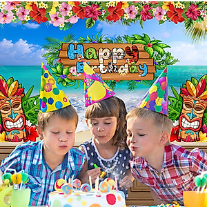 WONDERFUL MEMORIES Polyester Hawaiian Beach Birthday Party Backdrop 7x5ft for Luau Party Decorations Supplies Washable and Wrinkle-Free Tropical Banner Photography Background Blue