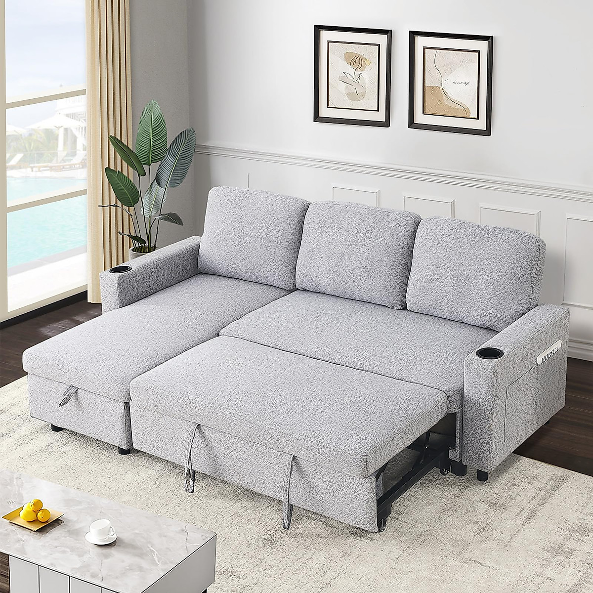 Antetek Reversible Sectional Sofa Couch with Pull-Out Bed, Modern Linen L-Shaped Sleeper Sofa Bed with Storage Chaise/Cup Holder/Side Pocket, Furniture Set for Living Room, Small Space, Light Grey