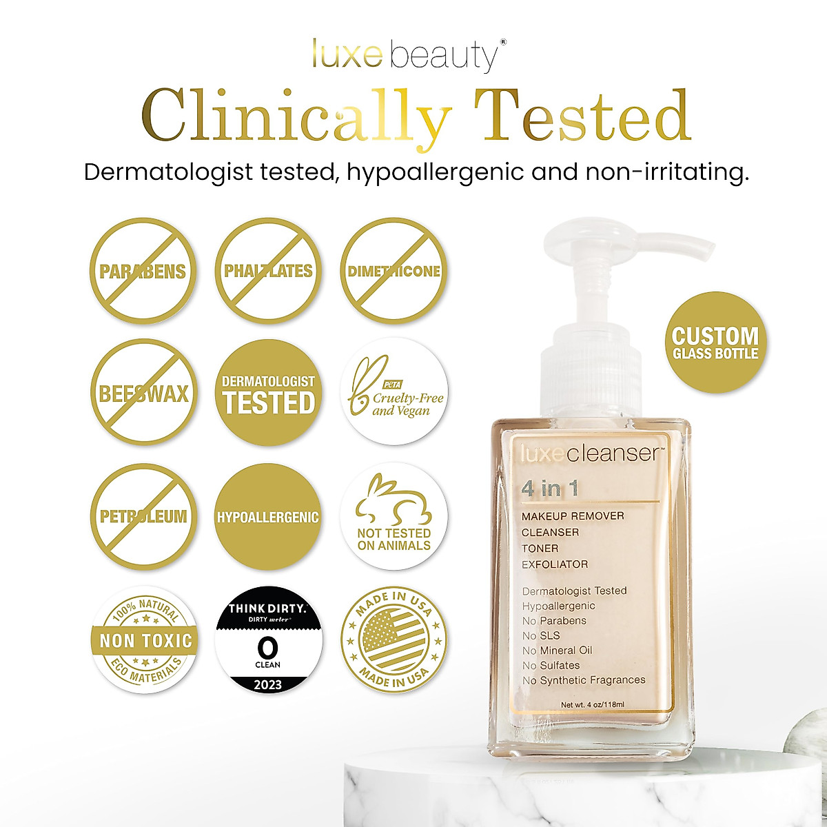 Luxe Cleanser All-in-One Hypoallergenic Face Cleanser + Natural Makeup Remover Face Wash + Exfoliator for All Skin Types – No Parabens, No Silicones – W/ Organic Botanicals: Thyme, Pineapple & Papaya