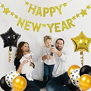 Happy New Year Banner 2022 New Year Party Decorations Glitter Gold Paper Garland Banner for New Year Eve Party Supplies Outdoor Indoor Home Decoration
