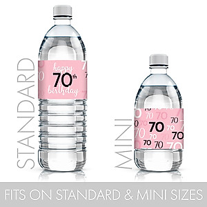 Pink, Black, and White 70th Birthday Party Water Bottle Labels - 24 Waterproof Wrappers, 70th Birthday Decorations for Women
