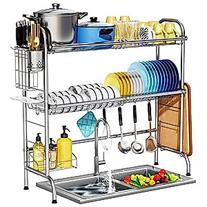 Over The Sink Dish Drying Rack, HOWDIA 2-Tier Stainless Steel Large Over The Sink Dish Rack with Utensil Holder Dish Drainers for Kitchen Counter