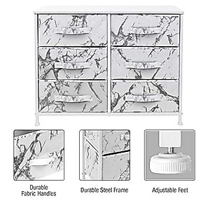 Sorbus Dresser with 6 Drawers - Furniture Storage Chest Tower Unit for Bedroom, Hallway, Closet, Office Organization - Steel Frame, Wood Top, Easy Pull Fabric Bins (Marble White – White Frame)