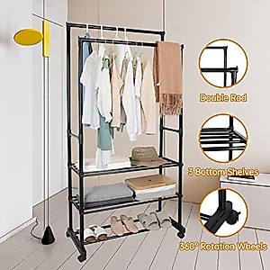 ZOES HOMEWARE Clothes Rack,Double Rod Clothing Rack on Wheels,Large Metal Heavy Duty Clothing Rack with 3 Shelves for Hanging Clothes,Black Rolling Clothes Rack, 65"x 31" x16"