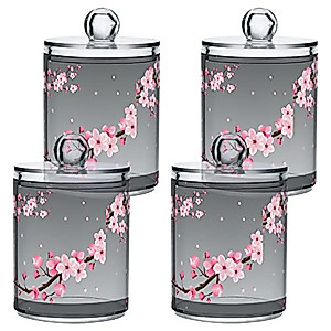 ALAZA Japanese Oriental Cherry Blossom Qtip Holder Organizer Dispenser for Cotton Ball, Cotton Swab, Cotton Round Pads, Floss,Bathroom Canisters Storage Organizer, Vanity Makeup Organizer,2Pack