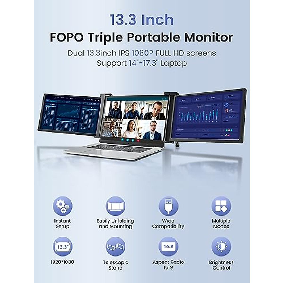 FOPO 13.3” Triple Laptop Screen Extender, FHD 1080P IPS Laptop Monitor Extender for 14”-17.3” Laptop, HDMI/USB-C Plug and Play Portable Monitor for Laptop -S16 Black