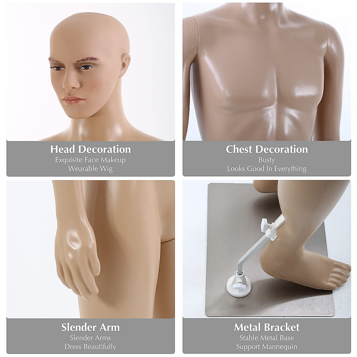 HCY Mannequin Body, Male Mannequin Full Body 73 inch Model Mannequin Stand Dress Form Sewing Dress Adjustable Dress Mannequin Clothing Form Mannequin Display Head Arm Rotation Metal Base