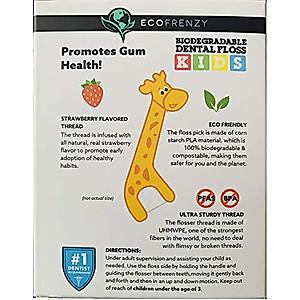 EcoFrenzy Kids Floss Picks 200 COUNT (4 packs of 50 Flossers) - BIODEGRADABLE Cornstarch - Strawberry Flavored