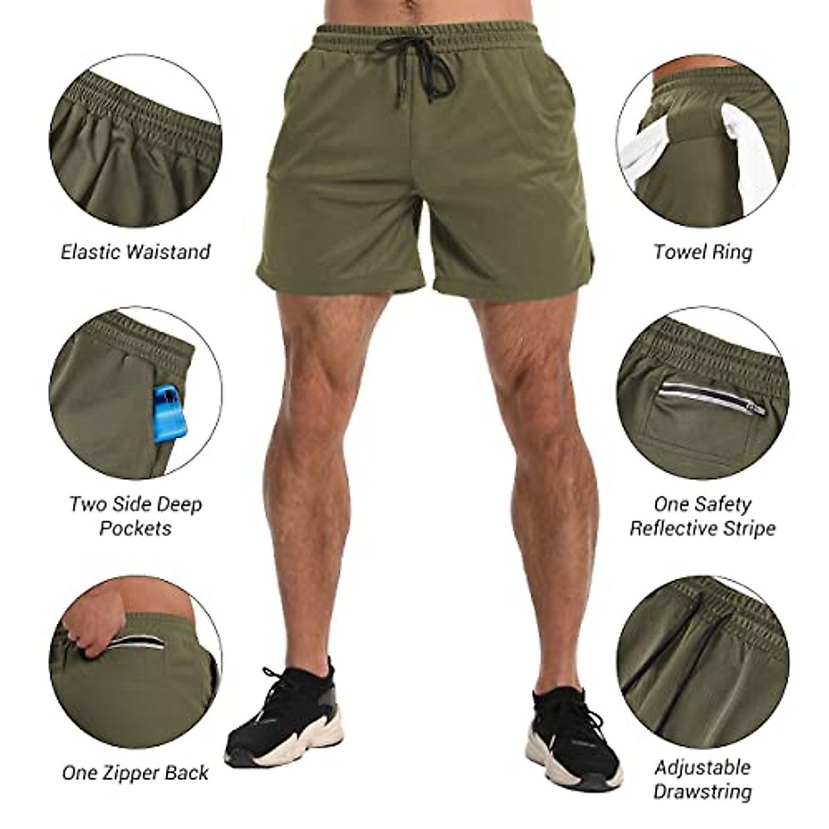KLINNFENR Mens Gym Running Shorts Quick Dry 5 inch Inseam Athletic Workout Training Shorts with Reflective Zipper Pockets Towel Loop,Army Green S