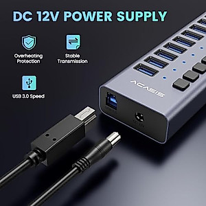 90W Powered USB Hub - ACASIS 16 Ports USB 3.0 Data Port, Aluminum Housing, Individual On/Off Switches, 12V/7.5A Power Adapter, USB Charging Hub/USB Splitter for Laptop, PC, Computer, Printer