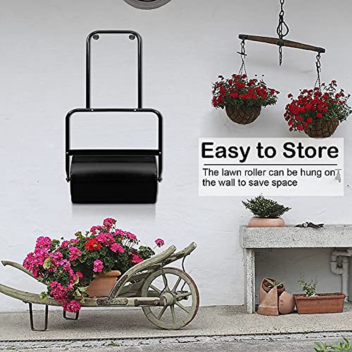 Lawn Roller, 19.5in Water and Sand Filled Garden Drum Roller with U Shaped Handle Tow beind Sod Roller for Planting, Park, Garden, Yard, Ball Field Seeding Black Iron Cylindrical