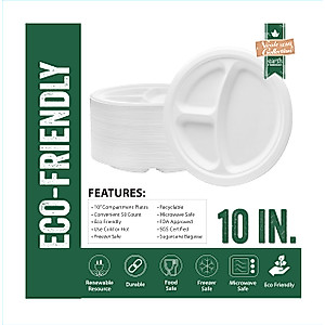 Nicole Home Collection Compostable Heavy Duty 10" Disposable Compartment Paper Plates 100% Bagasse Biodegradable Eco-Friendly Natural Sugarcane 50 Count