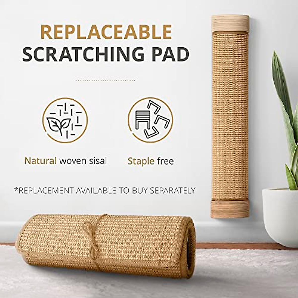 7 Ruby Road Wall Mounted Cat Scratching Post - Wall Mount Wooden Sisal Cat Scratcher & Vertical Scratch Pad (Replaceable) - Modern Cat Wall Furniture for Indoor Cats or Kittens (29.5 x 6 in)