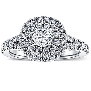 Pompeii3 10k White Gold 1 Ct T.W. Round-Cut Diamond Cushion Double Halo Engagement Ring Split Band High Women's Polished Band