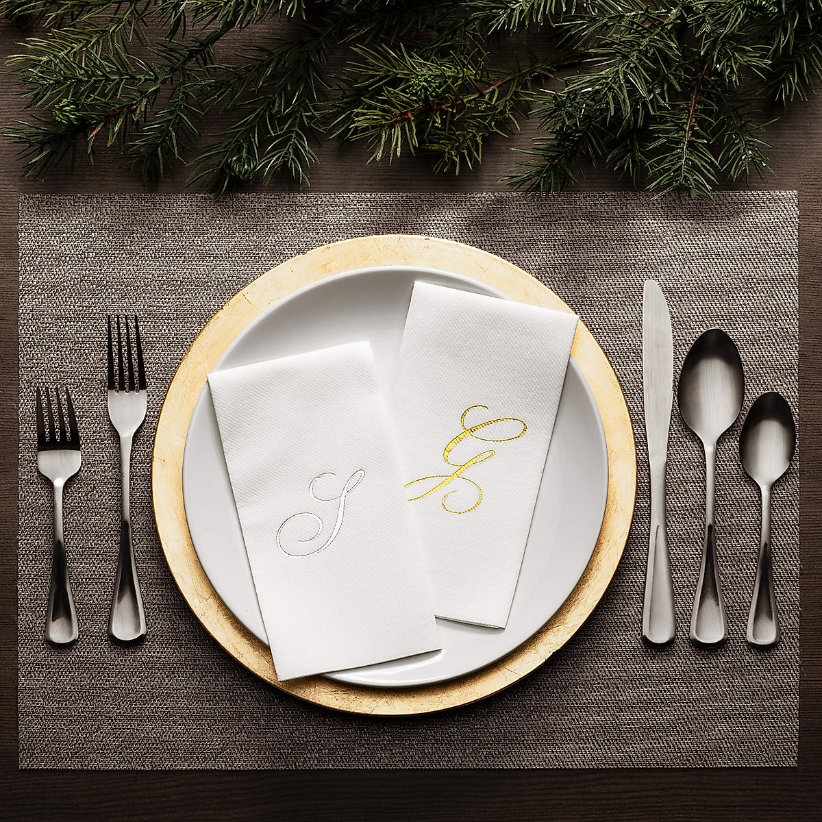 AH AMERICAN HOMESTEAD Disposable Hand Towels for Bathroom 50 Count - Guest Bathroom Essentials -Bathroom Paper Towels - Monogrammed Disposable Napkins - Wedding Napkins in Paper Towel Tray (Silver, H)