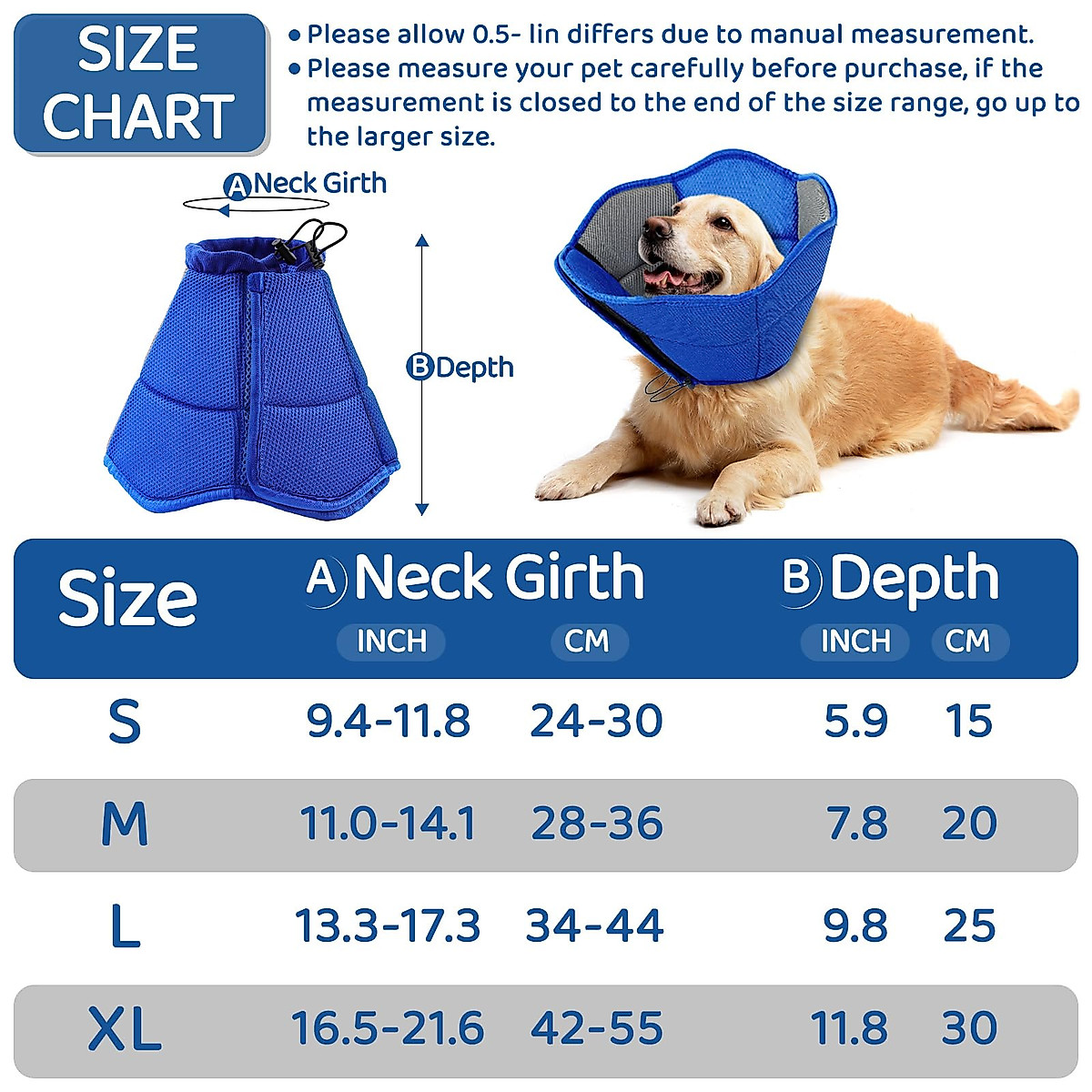 SUNFURA Soft Dog Cone, Dog Cones for Large Dogs, Cone for Dogs to Stop Licking After Surgery, Adjustable Dog Cone Alternative Dog Recovery Collar for Wound Healing, Blue L