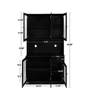 AVZEAR Kitchen Pantry Cabinet, Glass Door Cupboard 69.7" Freestanding Multifunctional Kitchen Pantry Cabinet Storage Cabinet Cupboard with 6 Doors,4 Shelves and 1 Drawer, Black