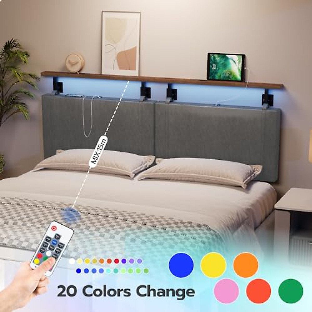 HOOBRO Queen Size Headboard, Wall Mount Hanging Headboard with 4 USB Ports and LED Light, PU Upholstery, Open Storage Shelf, for Bedroom, Bar, Dining or Entryway, Rustic Brown and Gray