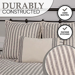 Piper Classics Market Place Gray Queen Quilt, 100% Cotton with Gray Ticking, Hand Quilted Grain Sack Bed Spread Bedding for Boho, Shabby Chic and Rustic Farmhouse Decor (90”x90”) …