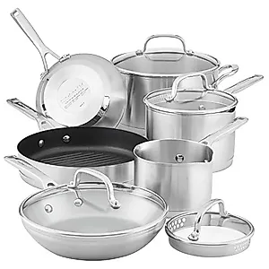 KitchenAid 3-Ply Base Stainless Steel Cookware Pots and Pans Set, 10 Piece, Brushed Stainless