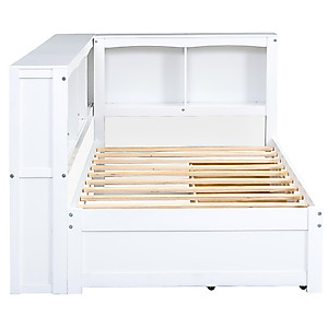 Quarte Twin Size Daybed with Two Storage Drawers, L-Shaped Storage Cabinets and USB Ports, Wooden Platform Bed for Kids Boys Girls Teens Adults (White-U)