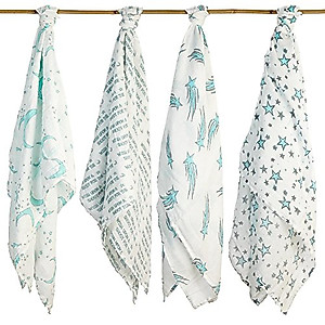 Adam & Elsa Baby Swaddling Blankets Organic Silky Soft Muslin Cotton Bamboo - Exclusive Prints - Boys & Girls Unique Gift Box - Unisex 4 Pack Oversized (Aqua Blue Wish Upon Star & Moon)