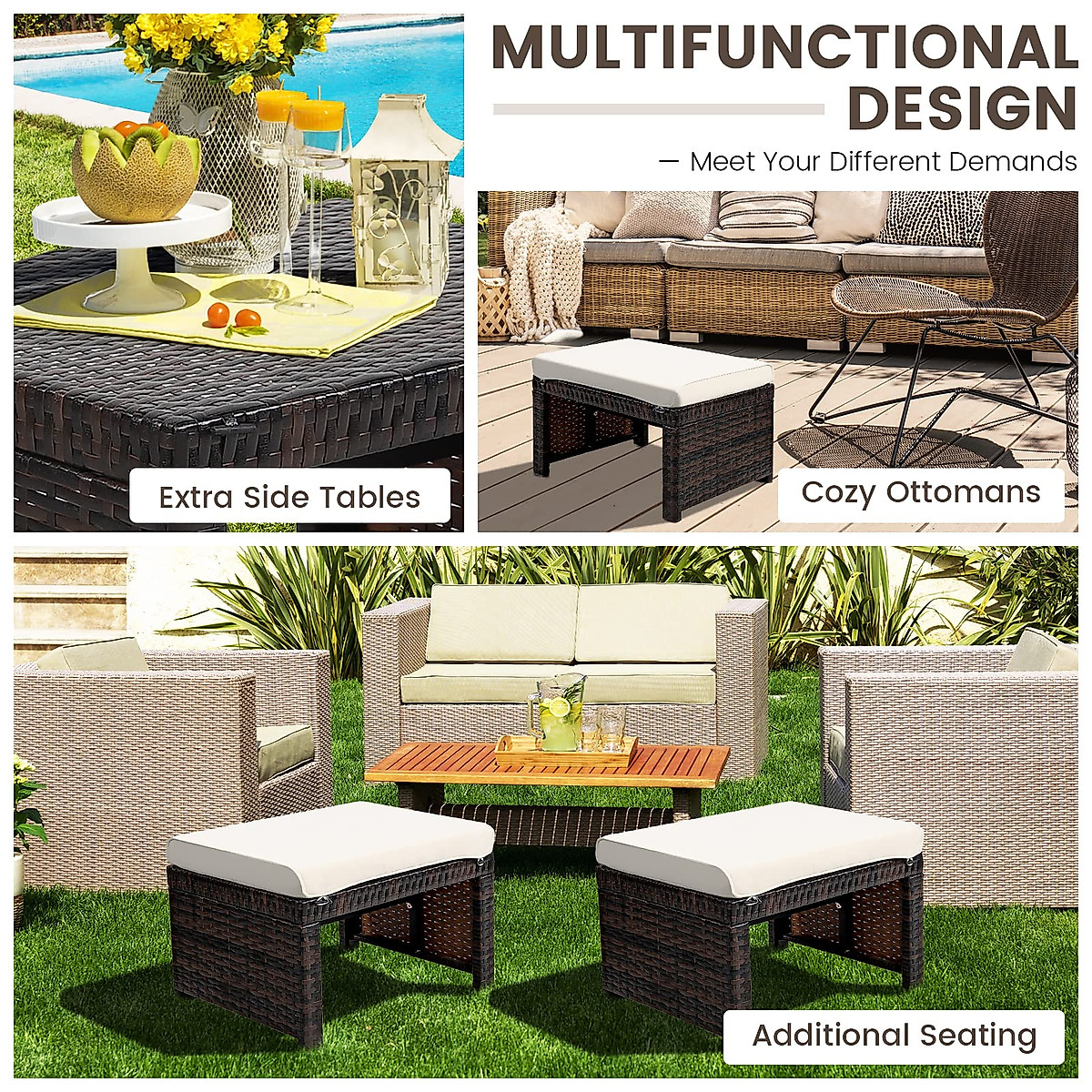 RELAX4LIFE 2-Piece Wicker Outdoor Ottoman, Rattan Footrest Set of 2 with Removable Cushions, 3-in-1 Foot Stool, Side Table & Additional Seating, Outdoor Footstools for Patio Backyard (White)
