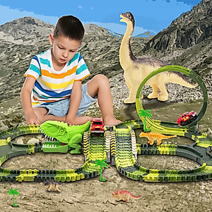 288 Pcs Dinosaur Race Car Tracks Set for Kids,Flexible Train Tracks to Create A Dino World Road with Bridge, 2 Electric Race Cars Best Gift for Toddlers Boys and Girls