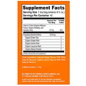 Twinings Superblends Immune Support+ Herbal Tea with Vitamin C, Ginger & Mango Flavoured Green Tea, 16 Tea Bags (Pack of 6), Enjoy Hot or Iced