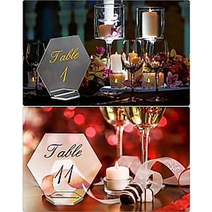 QWORK Clear Acrylic Hexagonal Place Cards, 25 Pack Acrylic Tabletop Sign & Holder, DIY Table Name Cards Plates for Wedding Reception Event Party Centerpiece Table Decorations