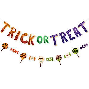 VILIFEVER Trick or Treat Banner for Halloween Party Decorations, Spooky Candy Garland Bunting Wall Home Decor Halloween Theme Baby Shower Birthday Party Supplies Office Classroom Decorations