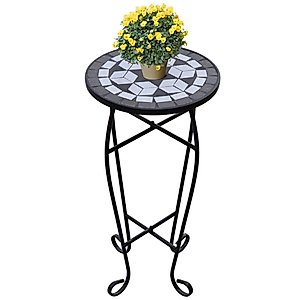 SecondBoy Black White Finish Outdoor Side Table Patio Table Garden Plant Stand Iron Frame Scroll Leg Round Top Ceramic Geometric Mosaic