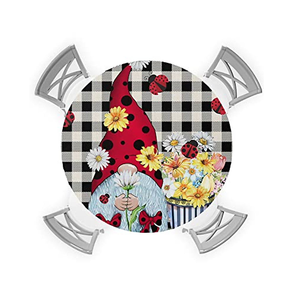 Spring Summer Sunflower Gnome Round Waterproof Table Cover Fitted Tablecloth,Black White Buffalo Plaid Check Wipeable Fabric Elastic Table Cloth Oil-Proof Tablecover for Outdoor Picnic Party,36"-44"