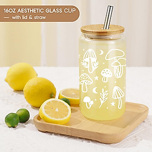 GSPY Mushroom Cup, Mushroom Gifts, 16oz Glass Coffee Cups with Lids and Straws - Cute Mushroom Stuff, Cute Mugs Aesthetic, Mushroom Mug Tumbler - Drinking Glasses, Mothers Day Gifts for Women