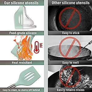 QMVESS Silicone Kitchen Utensil Set, 28 Pcs Non-Stick Cooking Utensils Set with Holder, Tongs, Spatula, Whisk, Measuring Cups and Spoons Set with Stainless Steel Handle Kitchen Gadgets (Light Green)