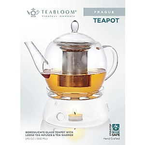 Teabloom Prague Glass Tea Maker & Warmer Set – Large Capacity (45 oz) – Heatproof Borosilicate Glass Teapot with Removable Stainless Steel Loose Tea Infuser – Stovetop Safe Kettle