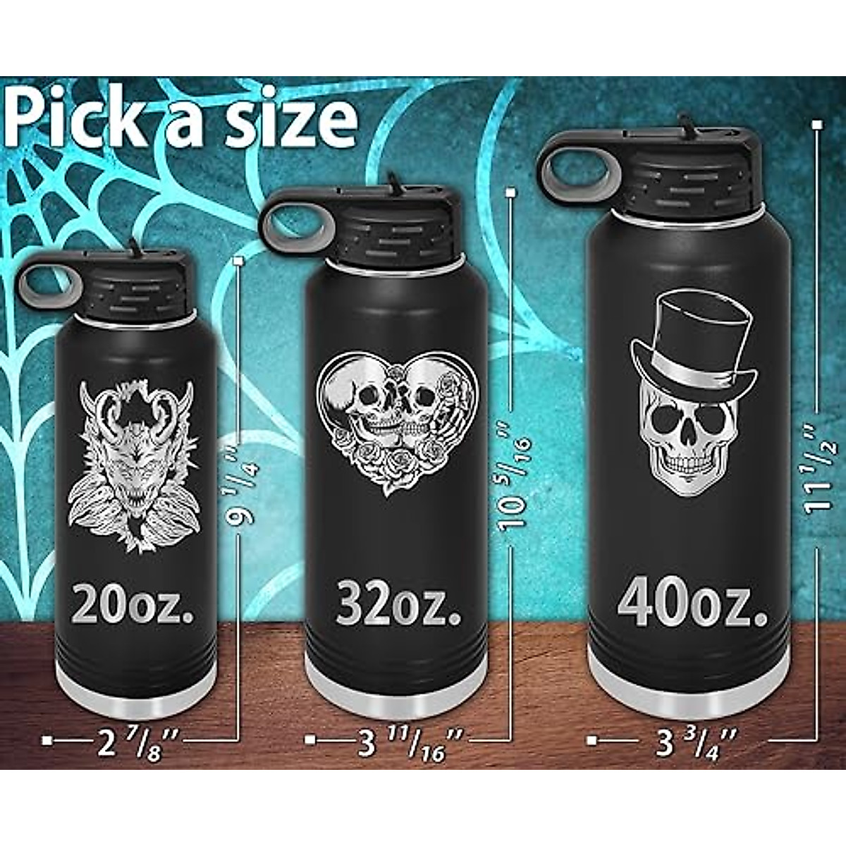 Personalized Water Bottles with Flip-Top Lid and Straw, Customized Engraved Insulated Flask, Custom Stainless Steel Sports Thermos 20 oz., 32 oz., 40 oz (Black)