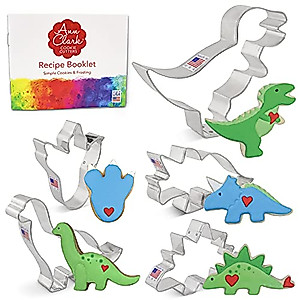 Dinosaur Cookie Cutters 5-Pc Set Made in USA by Ann Clark, Triceratops, Stegosaurus, T-Rex, Brontosaurus, Dino Footprint