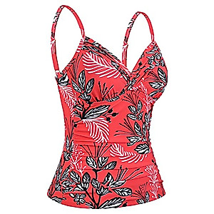 coastal rose Womens Swim Top Ruched Tummy Control Tankini Top Front Cross V Neck Bathing Suit Tops Only US14 Red Floral