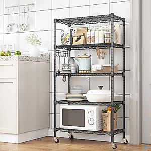 Homdox 5 Tier Metal Storage Shelves with Wheels, Heavy Duty Wire Shelving Unit, Adjustable Storage Racks with Side Hooks for Bathroom Kitchen Garage Pantry Organization, Black