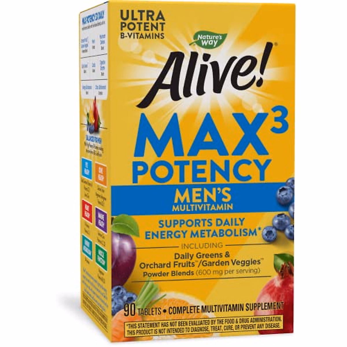 Nature’s Way Alive! Men’s Max3 Potency Multivitamin, Supports Whole Body Wellness*, Supports Cellular Energy*, B-Vitamins, Gluten-Free, 90 Tablets