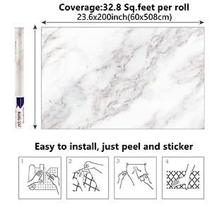 Arthome Marble Contact Paper Peel and Stick Wallpaper 17''x120'' Self Adhesive Decorative Vinyl Film Waterproof for Table,Countertop,Cabinet,Shelf Liner Removable Stick On Wall Covering